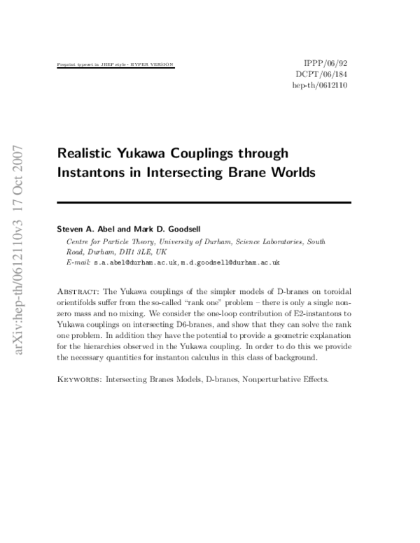 (PDF) Realistic Yukawa couplings through instantons in intersecting brane worlds