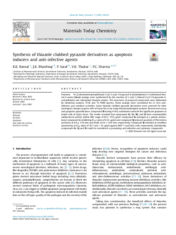 (PDF) Synthesis of thiazole clubbed pyrazole derivatives as apoptosis ...