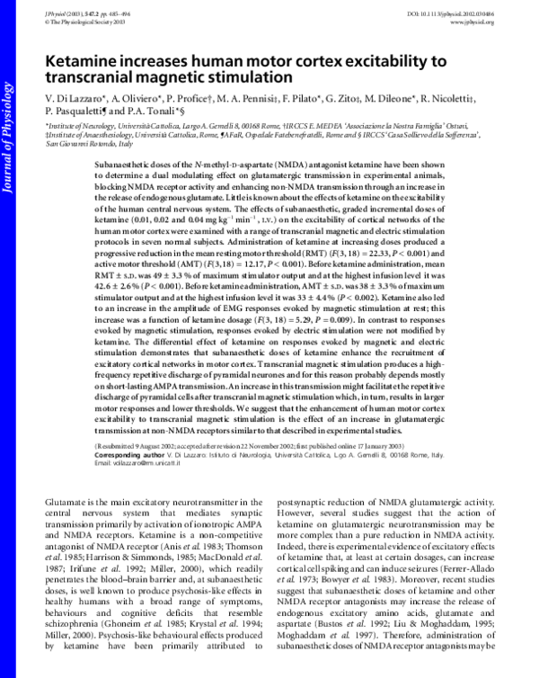 (PDF) Ketamine Increases Human Motor Cortex Excitability to ...