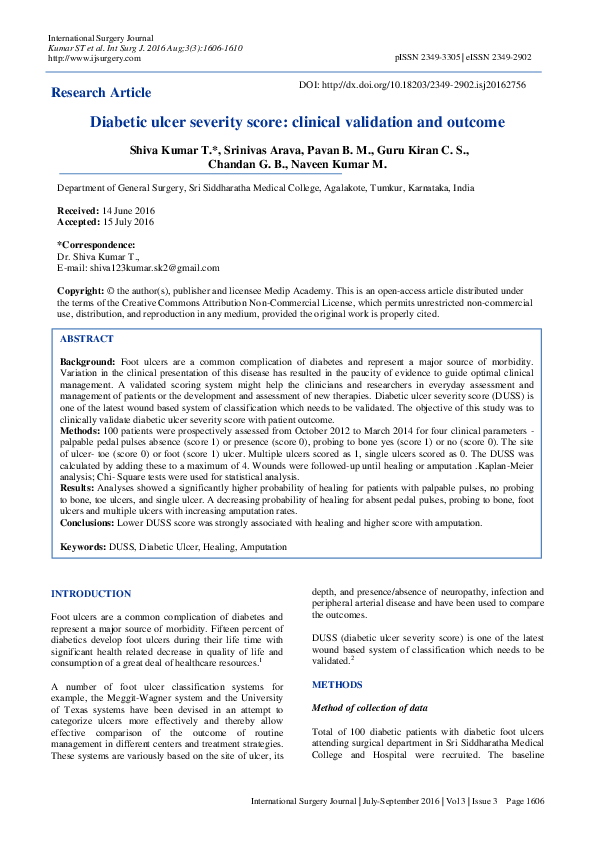 (PDF) Diabetic ulcer severity score: clinical validation and outcome
