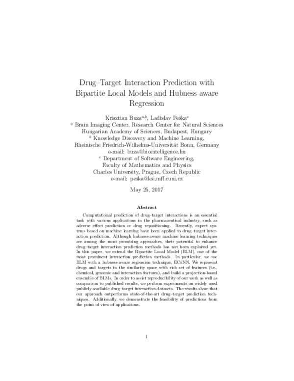 Pdf Drug Target Interaction Prediction With Bipartite Local Models And Hubness Aware Regression