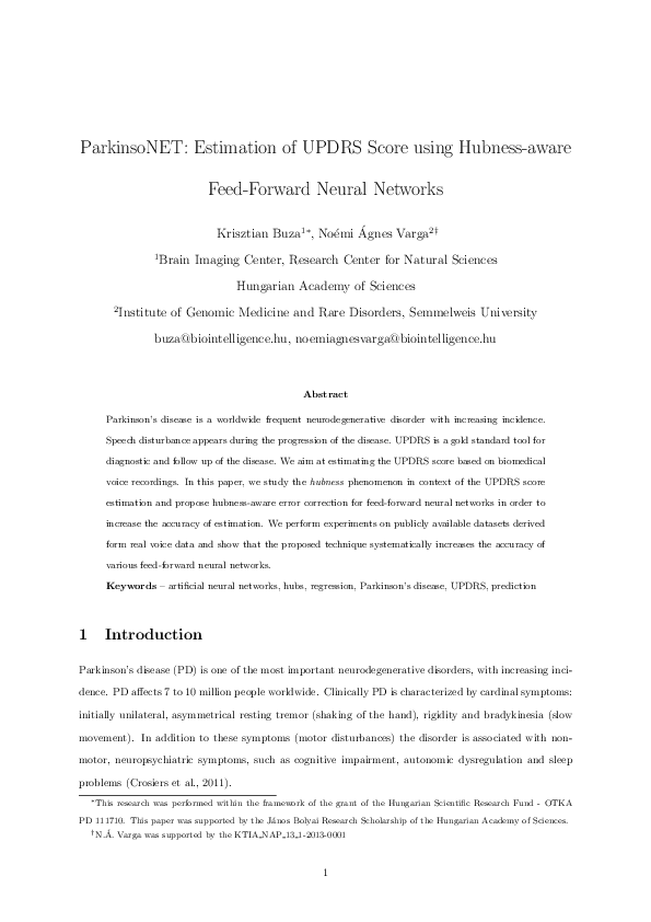 (PDF) ParkinsoNET: Estimation of UPDRS Score Using Hubness-Aware Feedforward Neural Networks ...