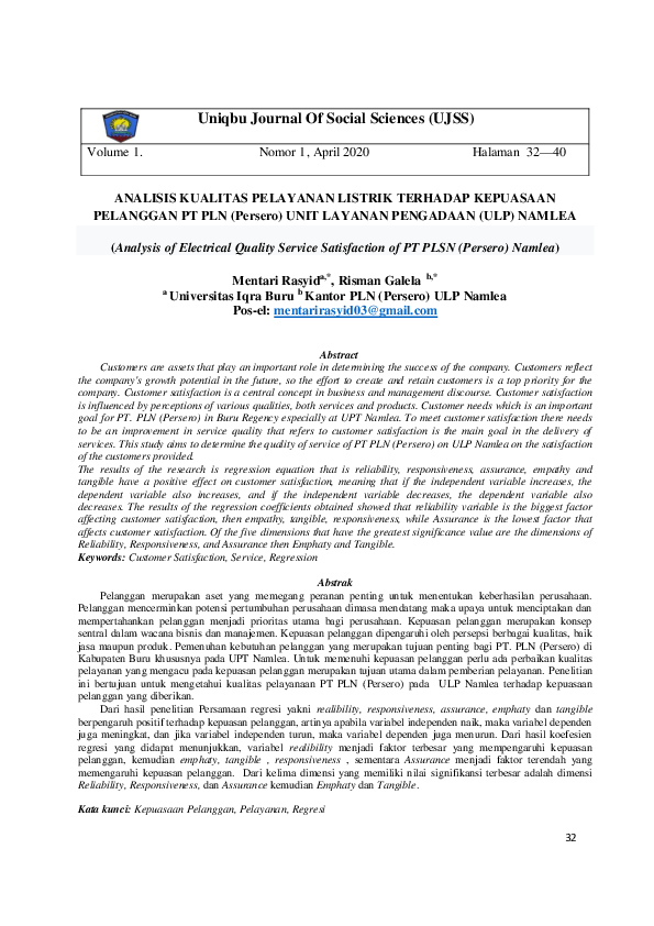 (PDF) ANALISIS KUALITAS PELAYANAN LISTRIK TERHADAP KEPUASAAN PELANGGAN PT PLN (Persero) UNIT ...