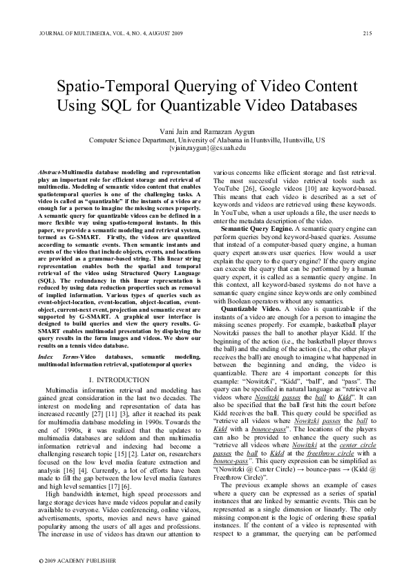 (PDF) Spatio-Temporal Querying of Video Content Using SQL for Quantizable Video Databases