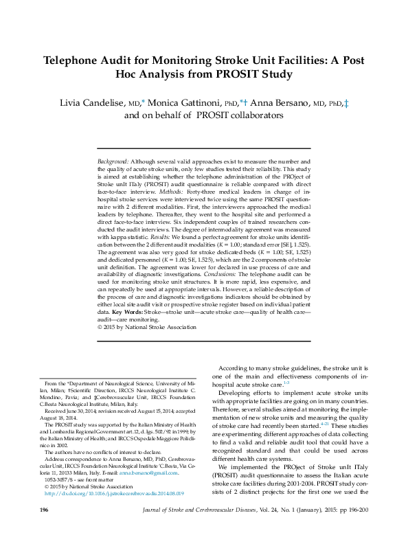 (PDF) Telephone Audit for Monitoring Stroke Unit Facilities: A Post Hoc Analysis from PROSIT Study