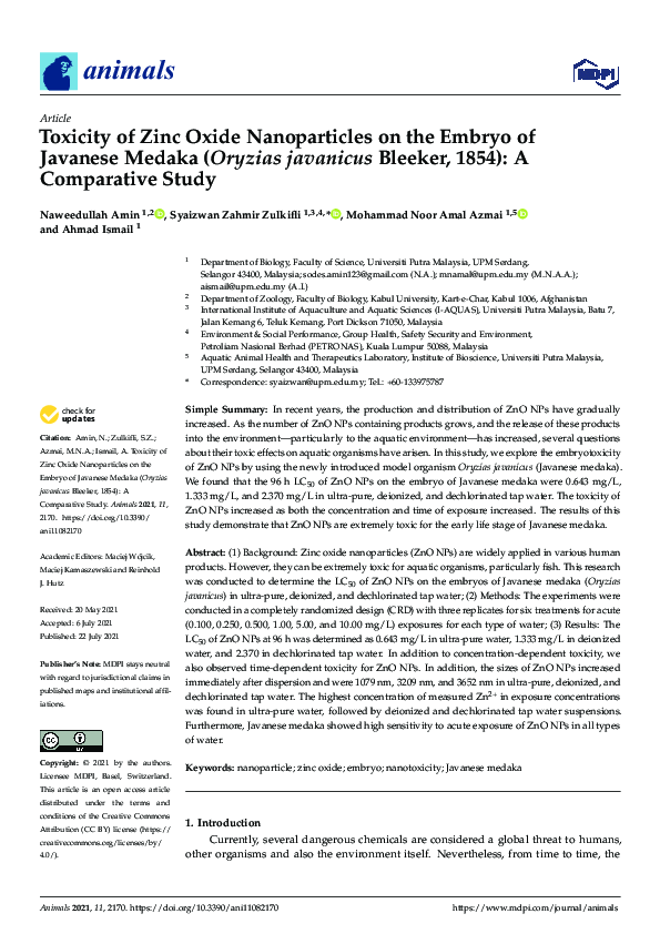 (PDF) Toxicity of Zinc Oxide Nanoparticles on the Embryo of Javanese Medaka (Oryzias javanicus ...