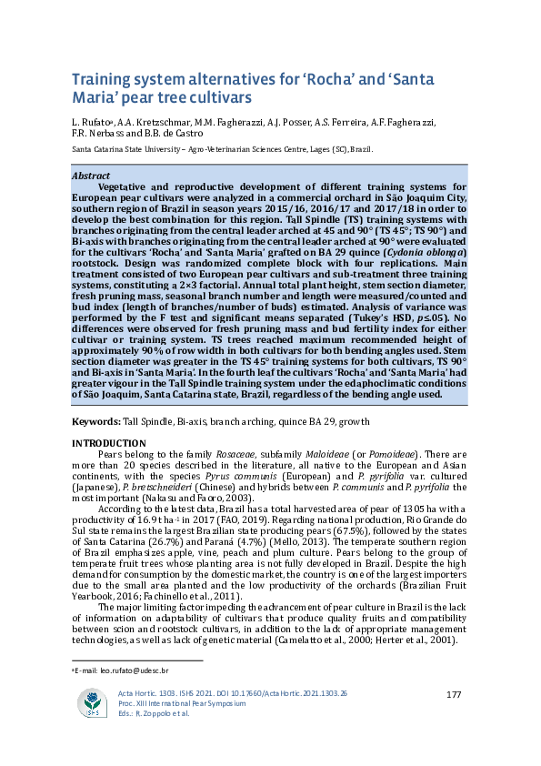 (PDF) Training system alternatives for ‘Rocha’ and ‘Santa Maria’ pear ...