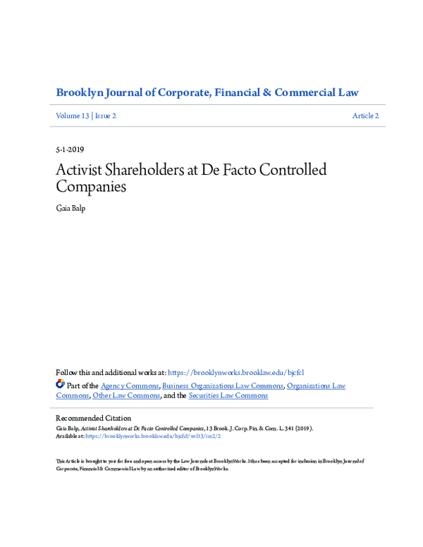 (PDF) Activist Shareholders at De Facto Controlled Companies