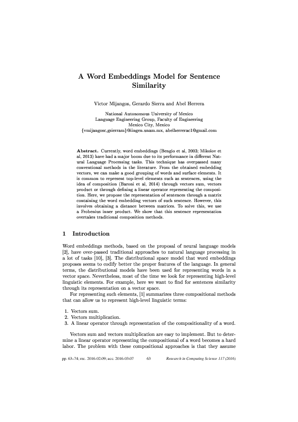(PDF) A Word Embeddings Model for Sentence Similarity