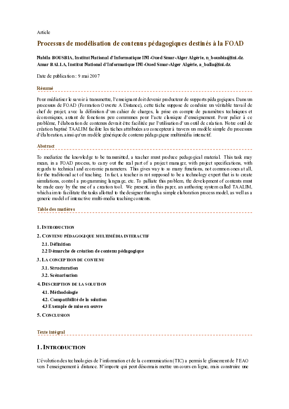(PDF) Processus de modélisation de contenus pédagogiques destinés à la FOAD