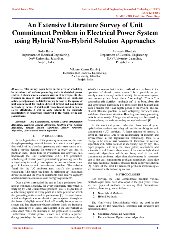 Pdf An Extensive Literature Survey Of Unit Commitment Problem In Electrical Power System Using