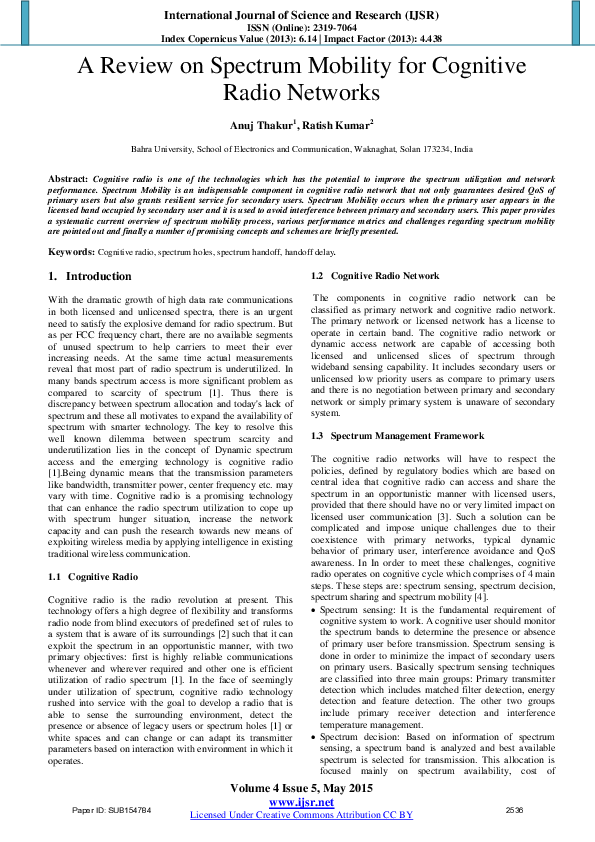Pdf A Review On Spectrum Mobility For Cognitive Radio Networks