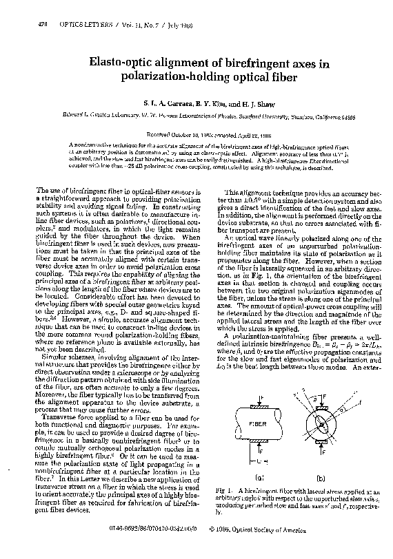 (PDF) Elasto-optic alignment of birefringent axes in polarization-holding optical fiber