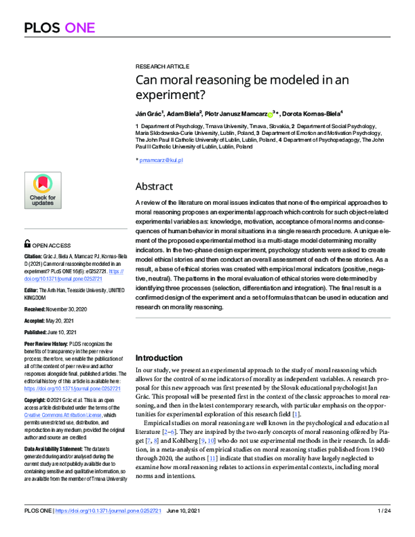 (PDF) Can moral reasoning be modeled in an experiment?