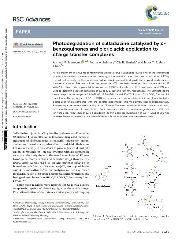 (PDF) Photodegradation of sulfadiazine catalyzed by p-benzoquinones and ...