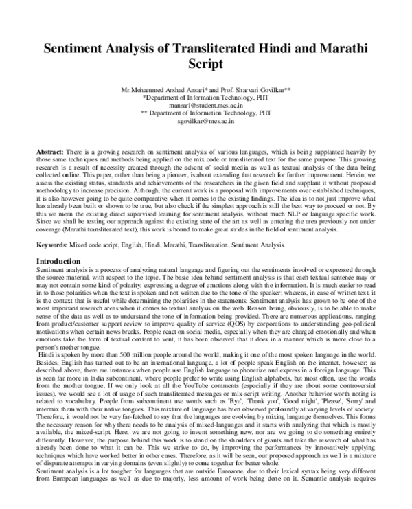 (PDF) Sentiment Analysis of Transliterated Hindi and Marathi Script