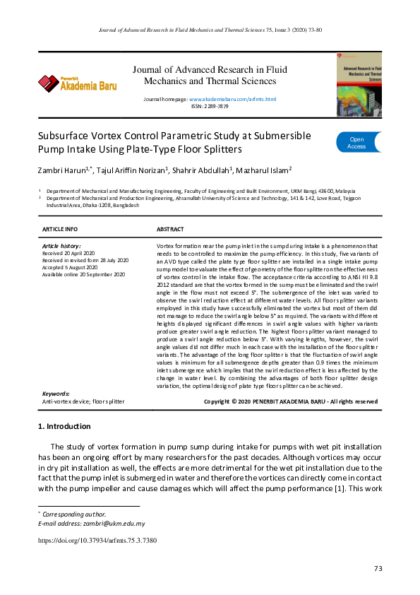 (PDF) Subsurface Vortex Control Parametric Study at Submersible Pump ...