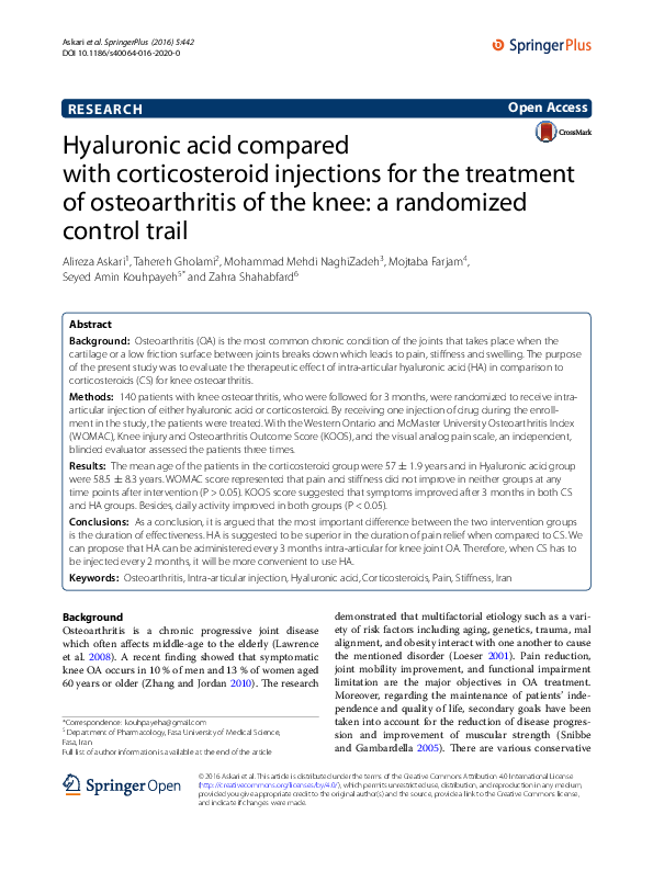 (PDF) Hyaluronic acid compared with corticosteroid injections for the treatment of ...
