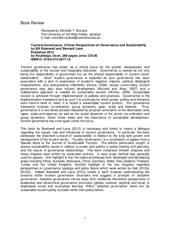 (PDF) A Review of ‘Tourism and Governance’ International Journal of ...