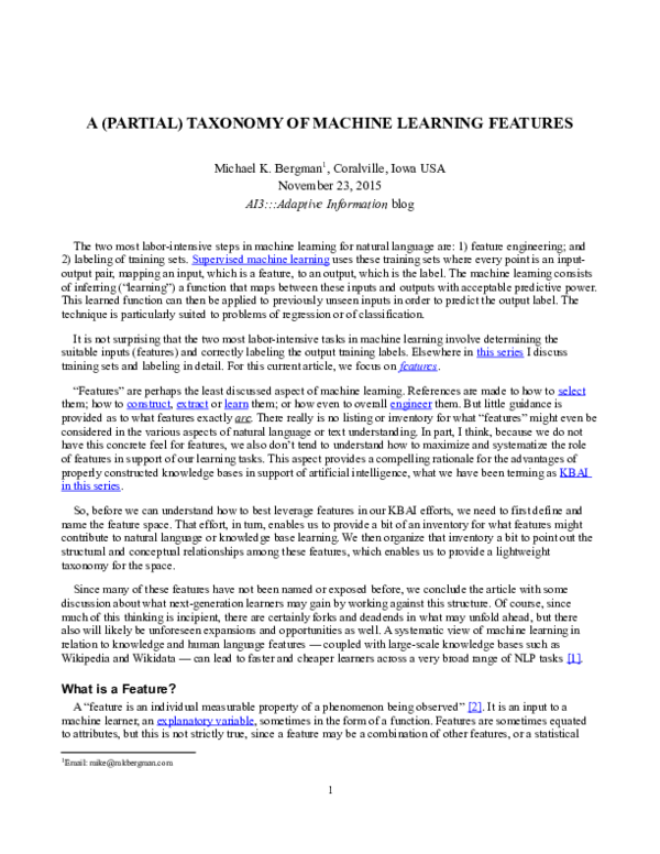 (PDF) A ( Partial ) Taxonomy of Machine Learning Features