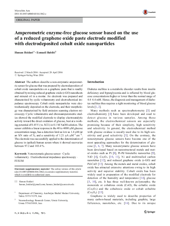 Pdf Enzyme Free Glucose Sensor With R Go Cobalt Oxide