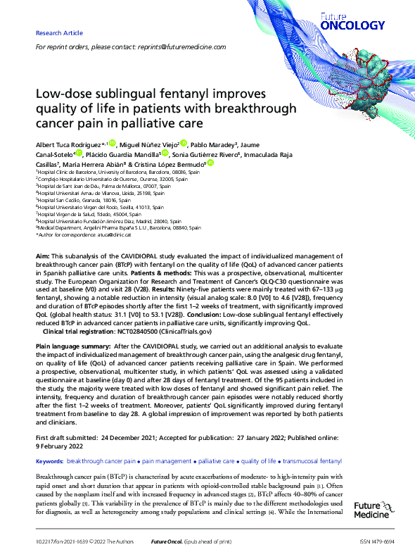 Pdf Low Dose Sublingual Fentanyl Improves Quality Of Life In Patients