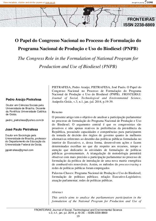 (PDF) O Papel do Congresso Nacional no Processo de Formulação do ...