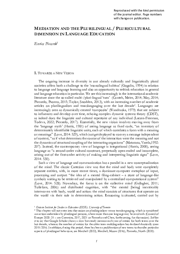 (PDF) MEDIATION AND THE PLURILINGUAL / PLURICULTURAL DIMENSION IN ...