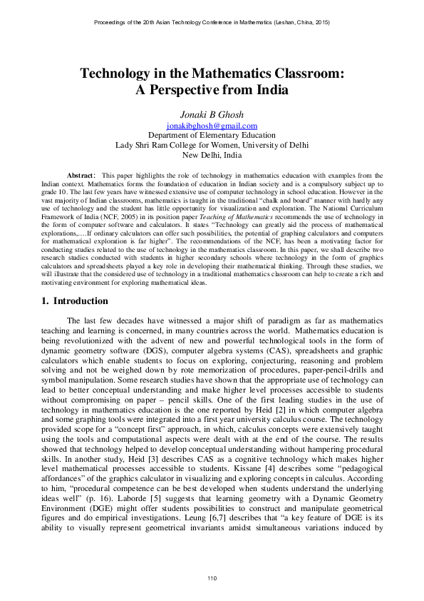 (PDF) Technology in the Mathematics Classroom: A Perspective from India
