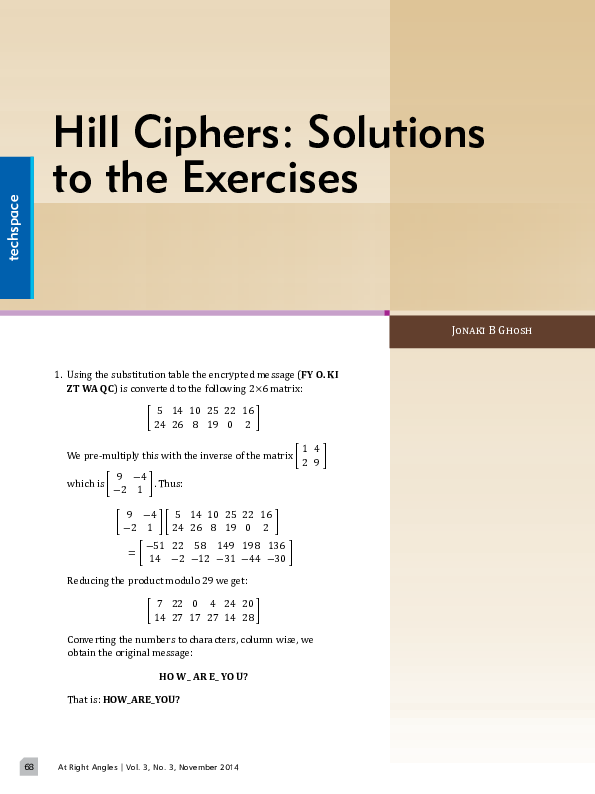 (PDF) Hill ciphers: solutions to the exercises