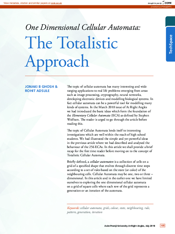 Pdf One Dimensional Cellular Automata The Totalistic Approach