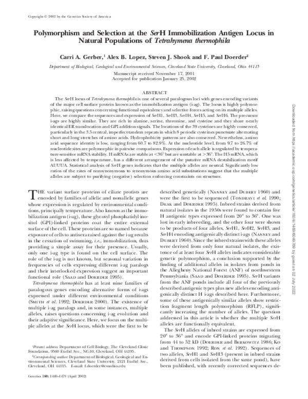 (PDF) Polymorphism and Selection at the SerH Immobilization Antigen ...