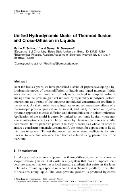 (PDF) Unified Hydrodynamic Model of Thermodiffusion and Cross-Diffusion in Liquids