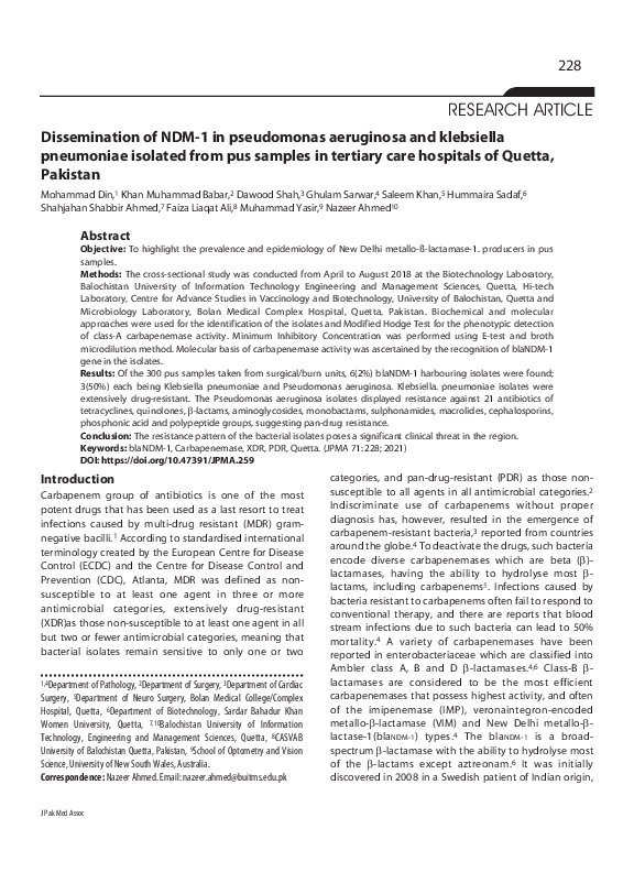(PDF) Dissemination of NDM-1 in pseudomonas aeruginosa and klebsiella ...