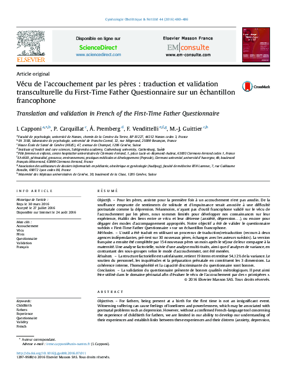 (PDF) Vécu de l’accouchement par les pères : traduction et validation ...