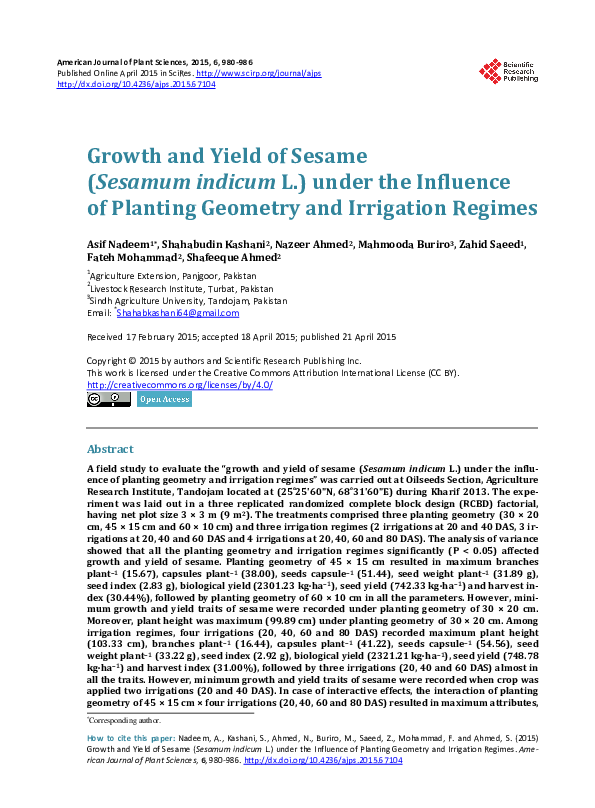 (PDF) Growth and Yield of Sesame ( Sesamum indicum L.) under the ...