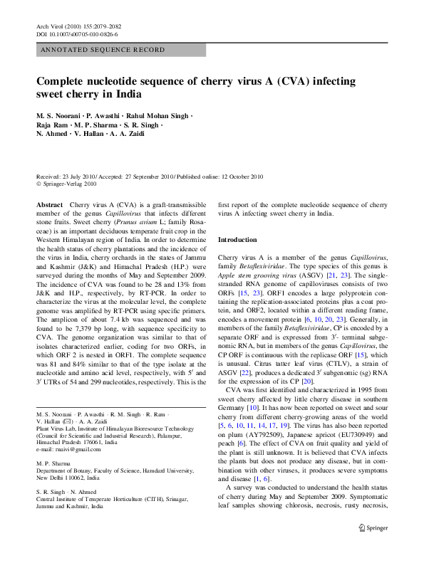 (PDF) Complete nucleotide sequence of cherry virus A (CVA) infecting ...