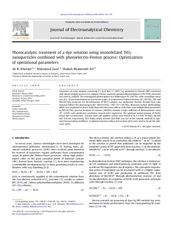 (PDF) Photocatalytic treatment of a dye solution using immobilized TiO2 ... (PDF) Photocatalytic treatment of a dye solution using immobilized TiO2 ...