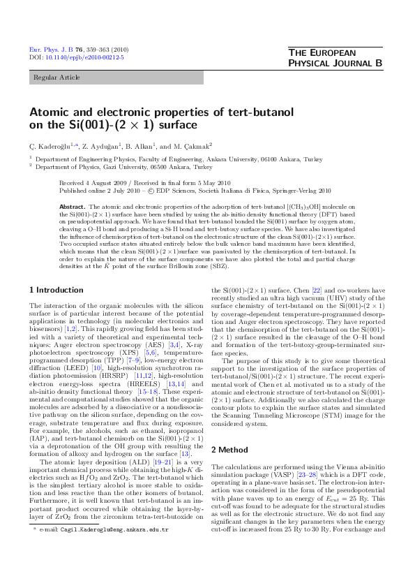 (PDF) Atomic and electronic properties of tert-butanol on the Si(001 ...