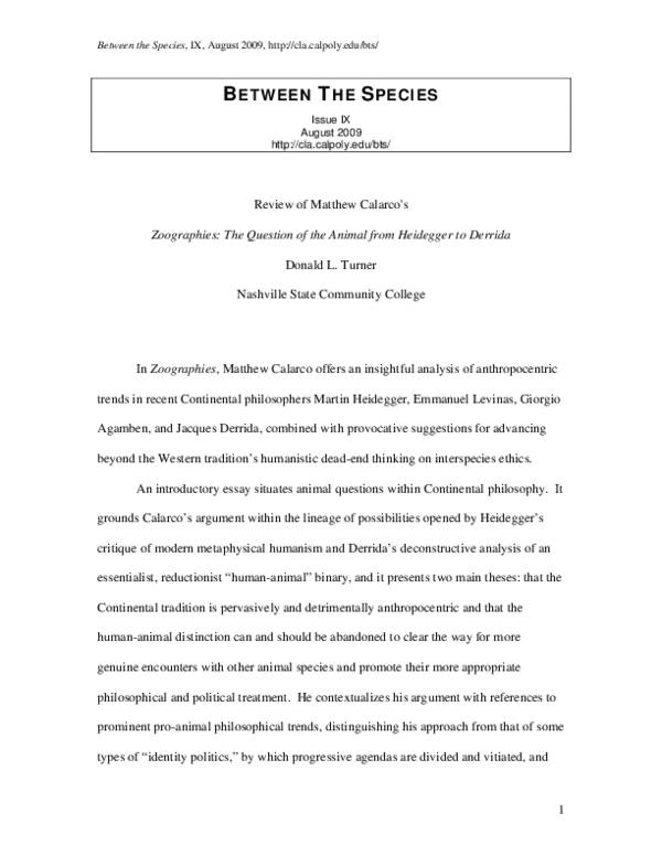(PDF) Review of Matthew Calarco's Zoographies: The Question of the ...