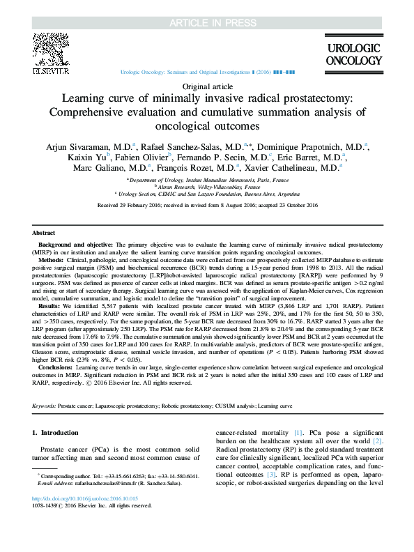 Pdf Learning Curve Of Minimally Invasive Radical Prostatectomy Comprehensive Evaluation And