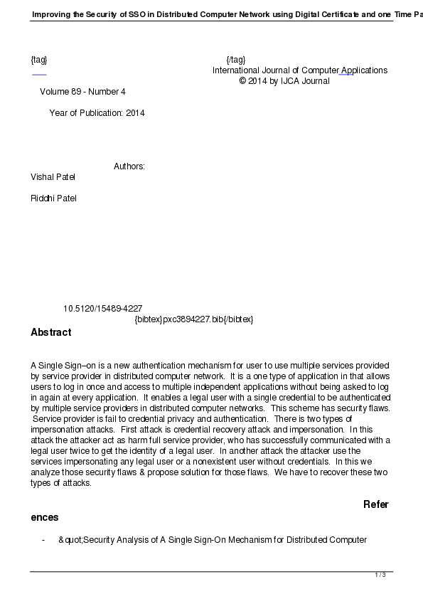 (PDF) Improving the Security of SSO in Distributed Computer Network using Digital Certificate ...