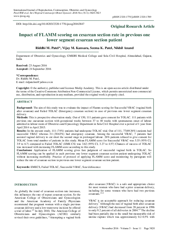 (PDF) Impact of FLAMM scoring on cesarean section rate in previous one ...
