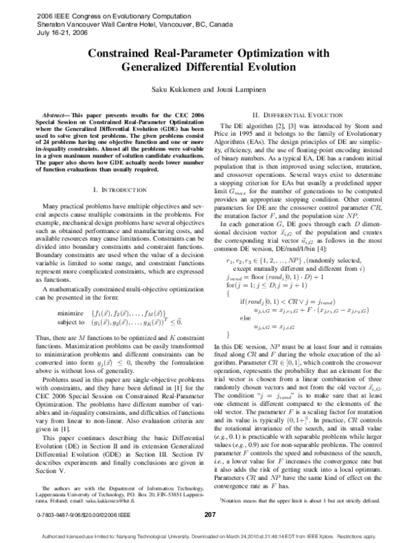 Pdf Constrained Real Parameter Optimization With Generalized Differential Evolution Sayan