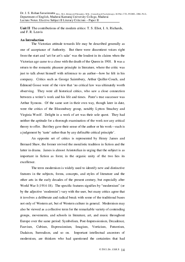 (PDF) Lit Crit Handout Two by Dr. J. S. Rohan Savarimuttu