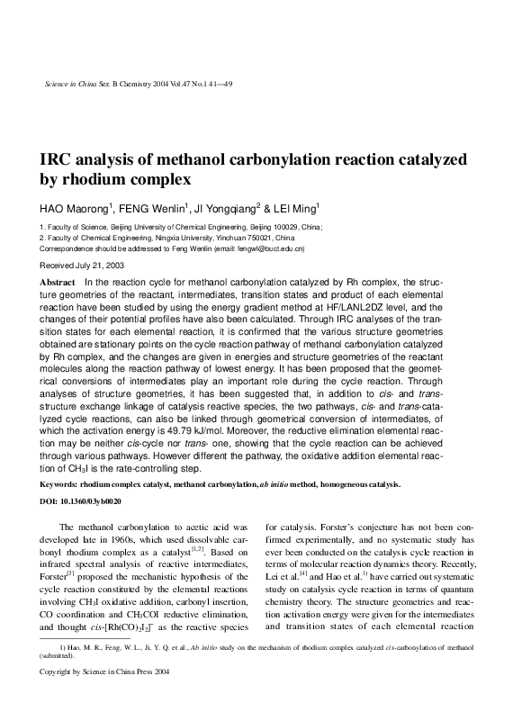 (PDF) IRC analysis of methanol carbonylation reaction catalyzed by ...