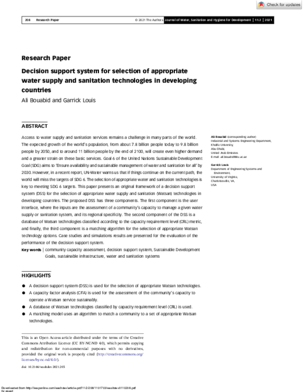 (PDF) Decision support system for selection of appropriate water supply ...