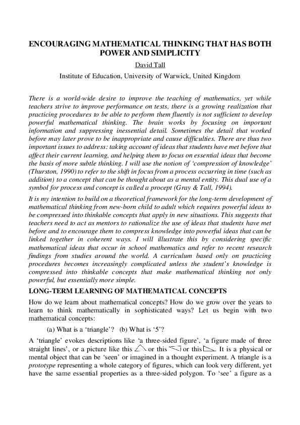 (PDF) Encouraging Mathematical Thinking That Has Both Power and Simplicity