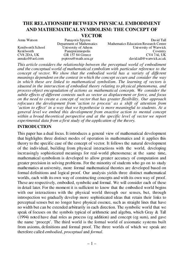 (PDF) The relationship between physical embodiment and mathematical ...