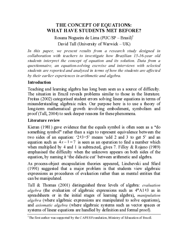 (PDF) The Concept of Equations: What Have Students Met Before?